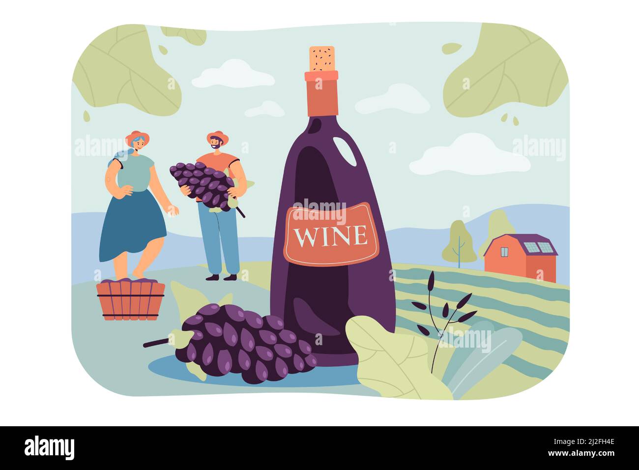 Happy couple producing natural wine isolated flat vector illustration. Cartoon male and female ...