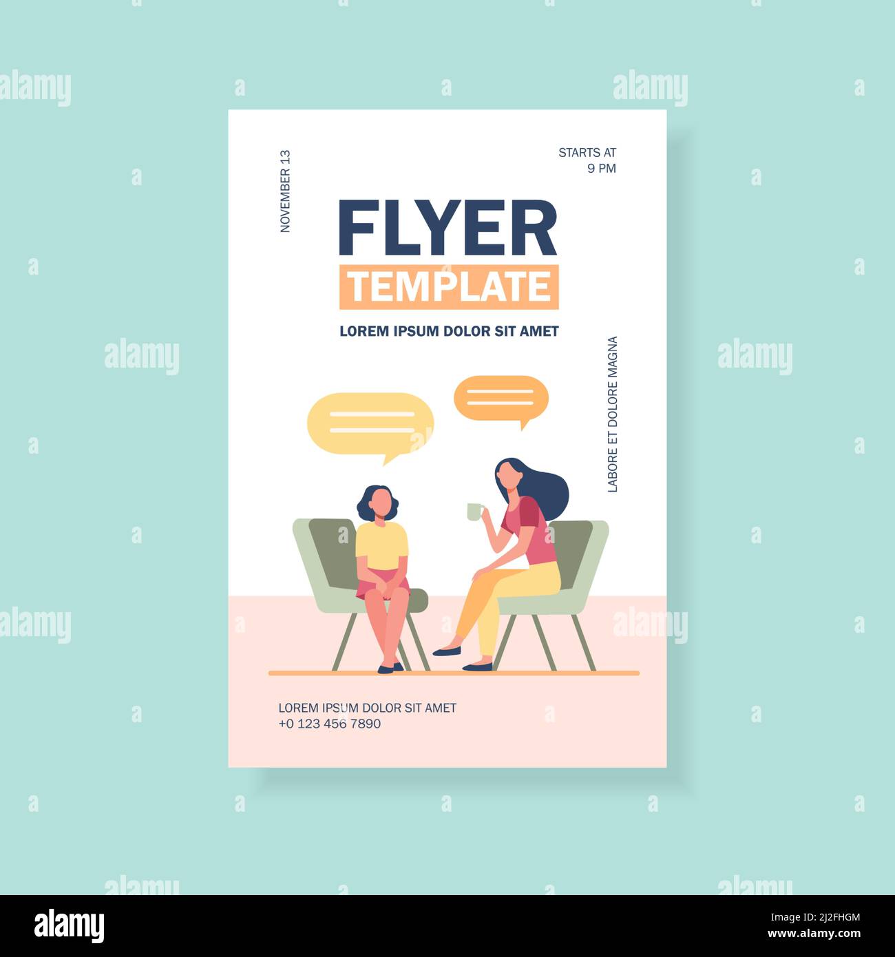 Mother sitting on chair and talking with daughter. Cup, speech bubble ...