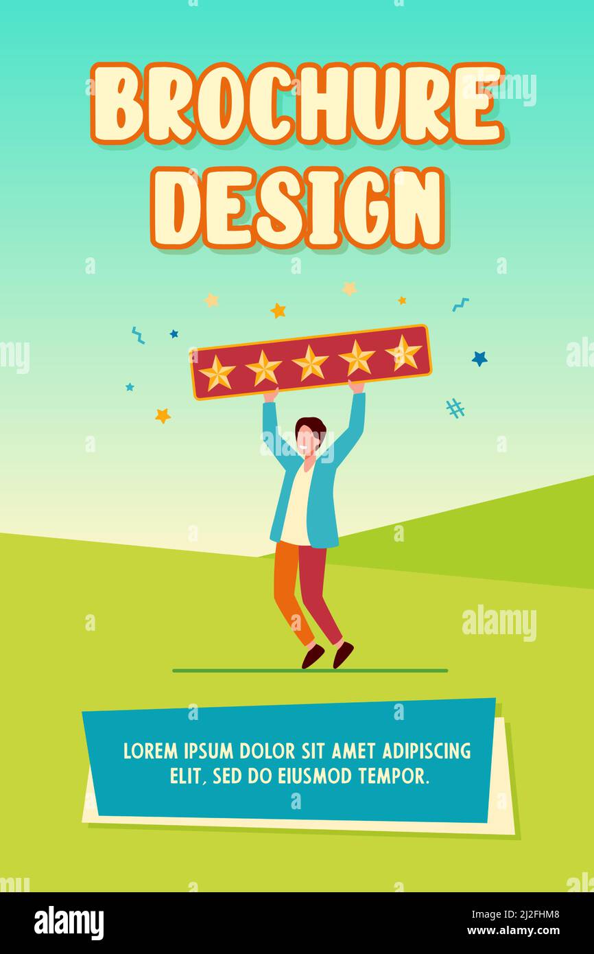 Happy man holding five golden stars. Customer, review, social media ...