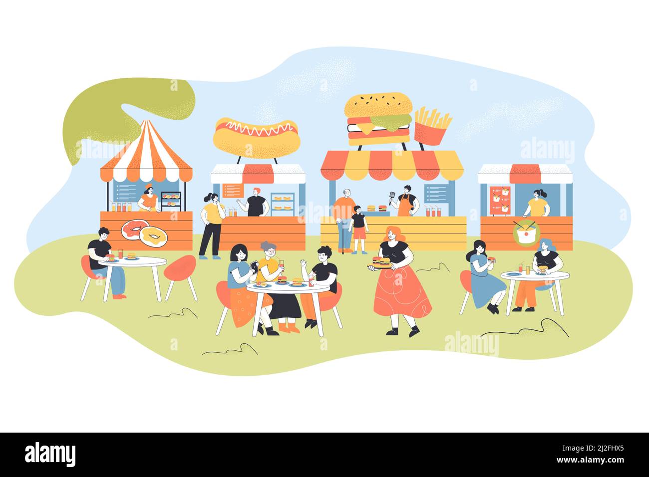 People eating at food court. Flat vector illustration. Cartoon ...
