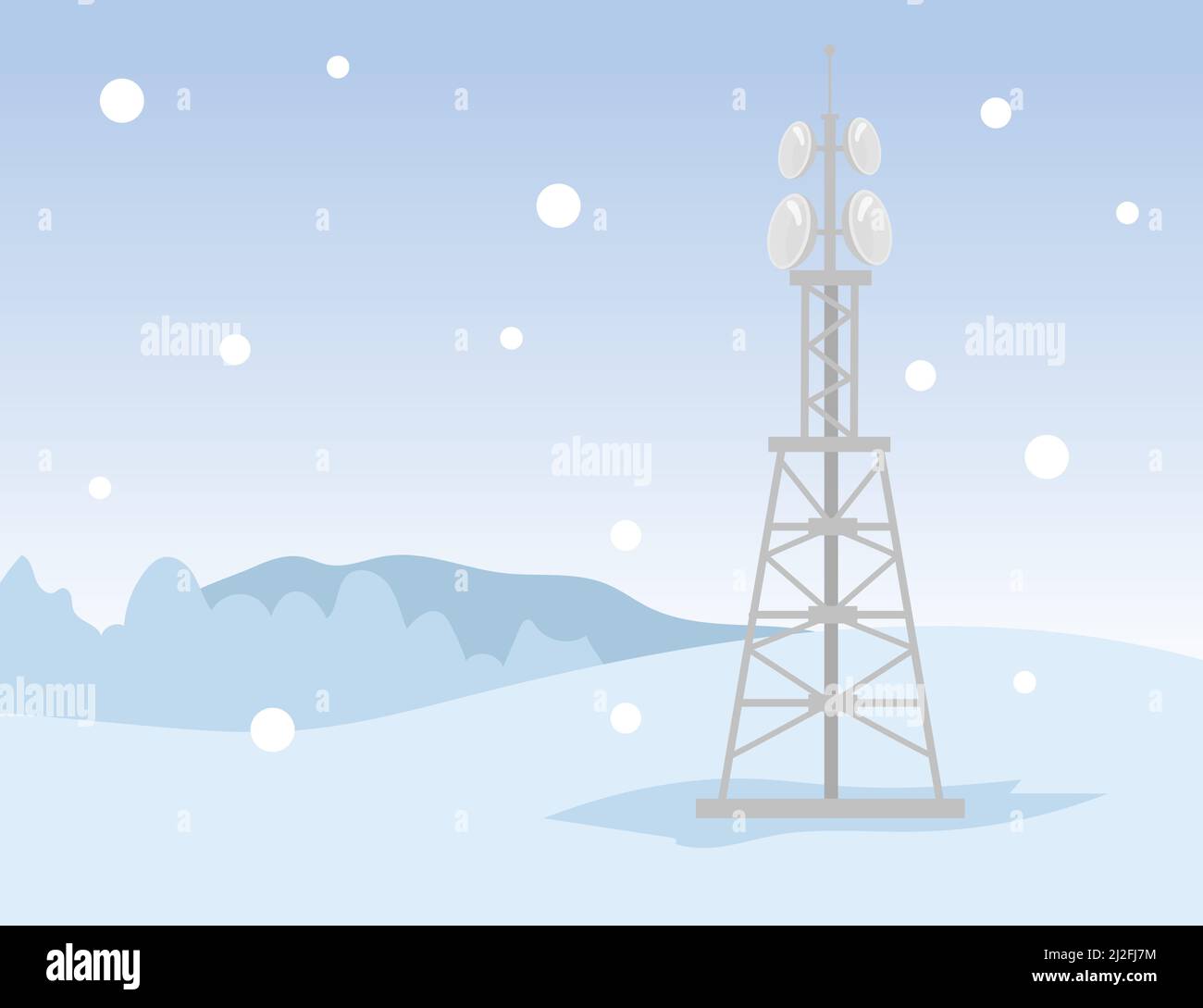 One metal signal transmission tower in winter field. Snow, network ...