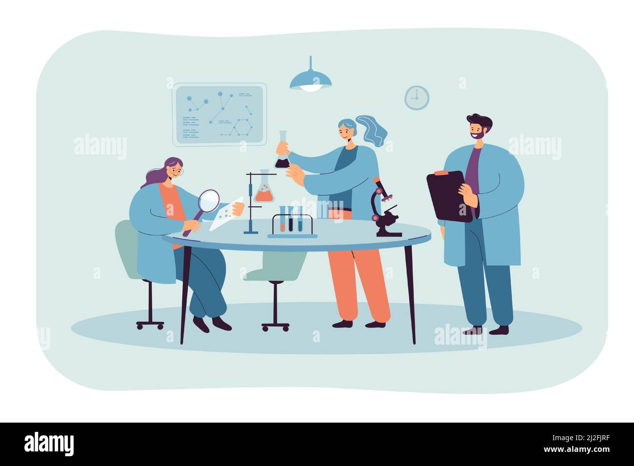 Happy scientist making research in laboratory isolated flat vector ...