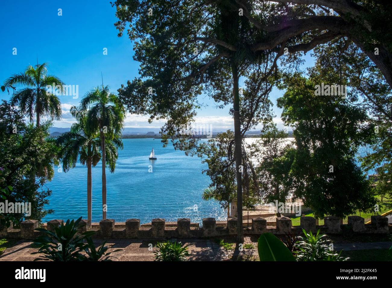 Sailboat in the blue water, harbor, Old San Juan, Puerto Rico Stock ...