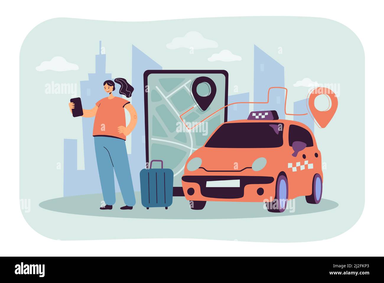 Person ordering cab to airport online. Big screen with route on city ...