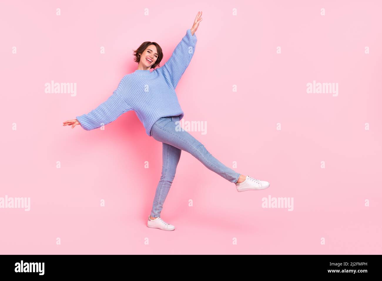 Full size photo of positive excited girl have fun chilling free time ...