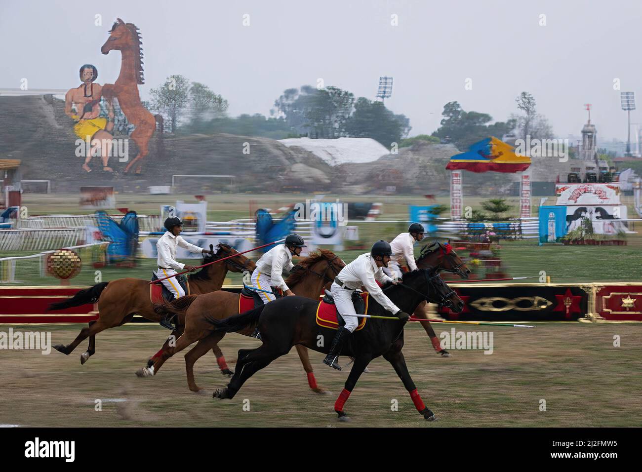 Nepalese soldiers perform horse riding skills during the "Ghodejatra ...