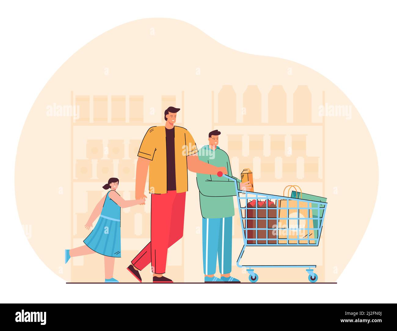 Happy father with children buying products in supermarket flat vector ...