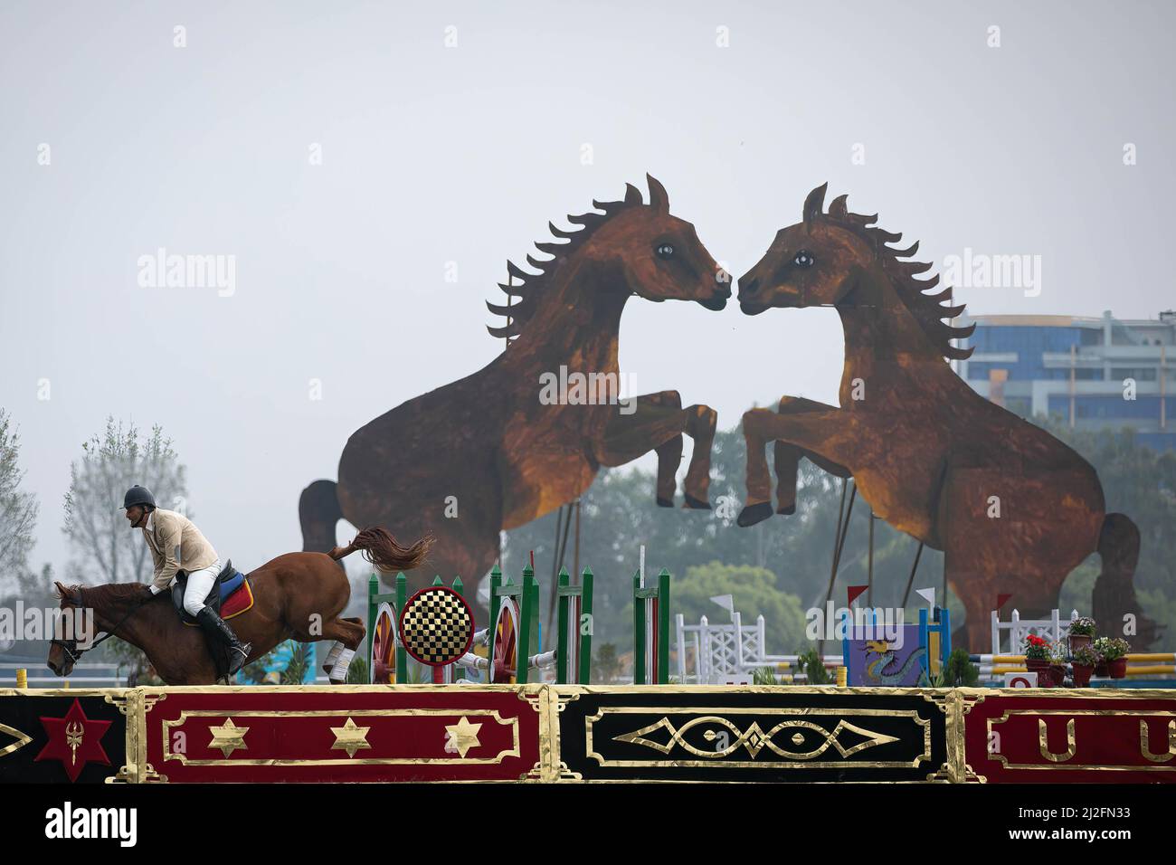 A Nepalese soldier performs horse riding skills during the "Ghodejatra ...