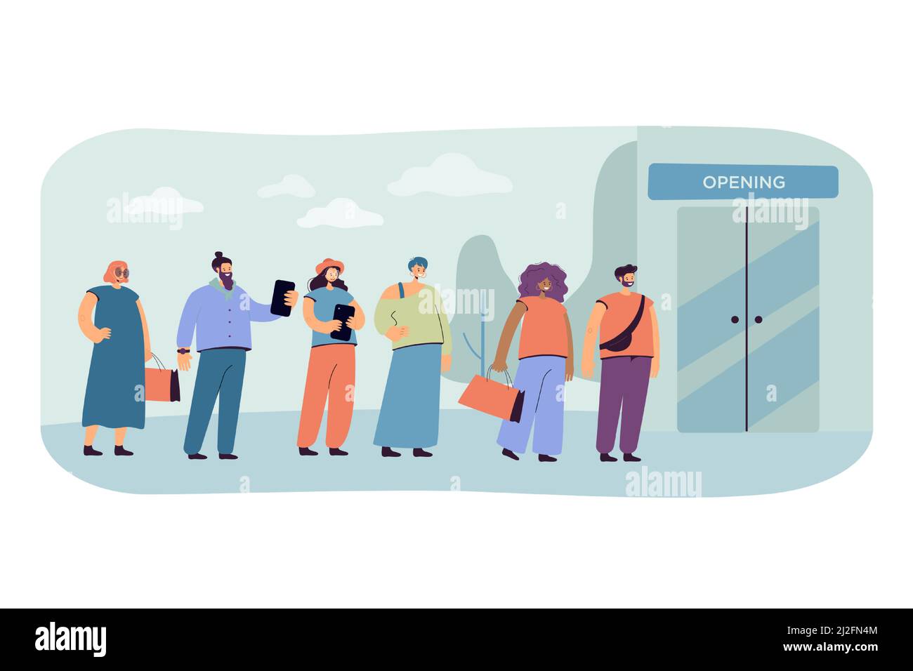 Sale vector illustration. Line of customers waiting store opening ...