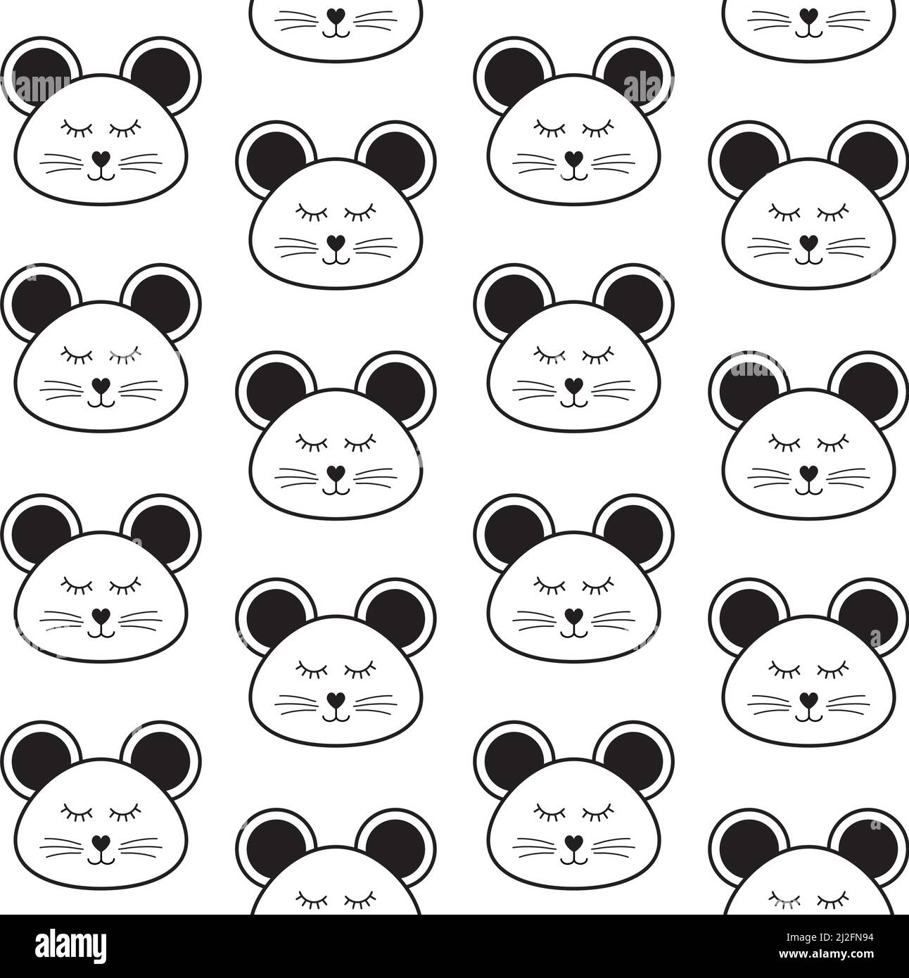 Vector seamless pattern of black outline mouse rat face isolated on ...
