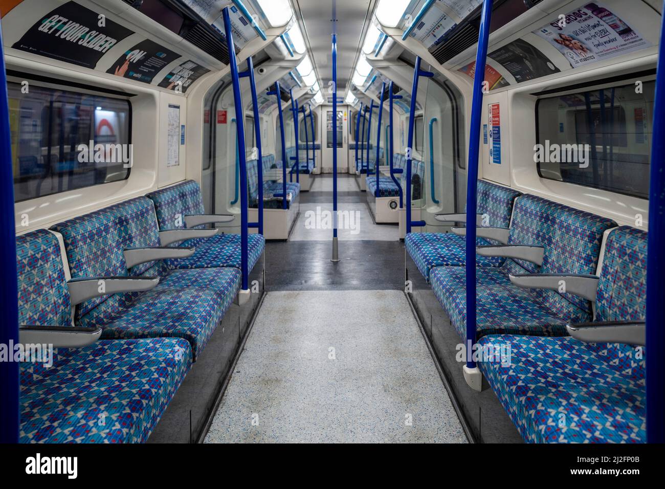 London, UK. 31 March 2022. An empty tube carriage on the Victoria Line ...
