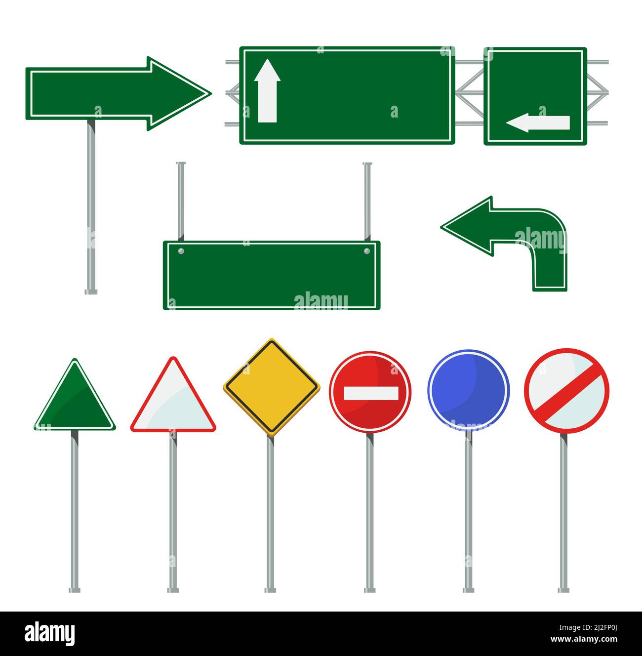 Road direction signs on poles set. Green metal blank billboards for ...