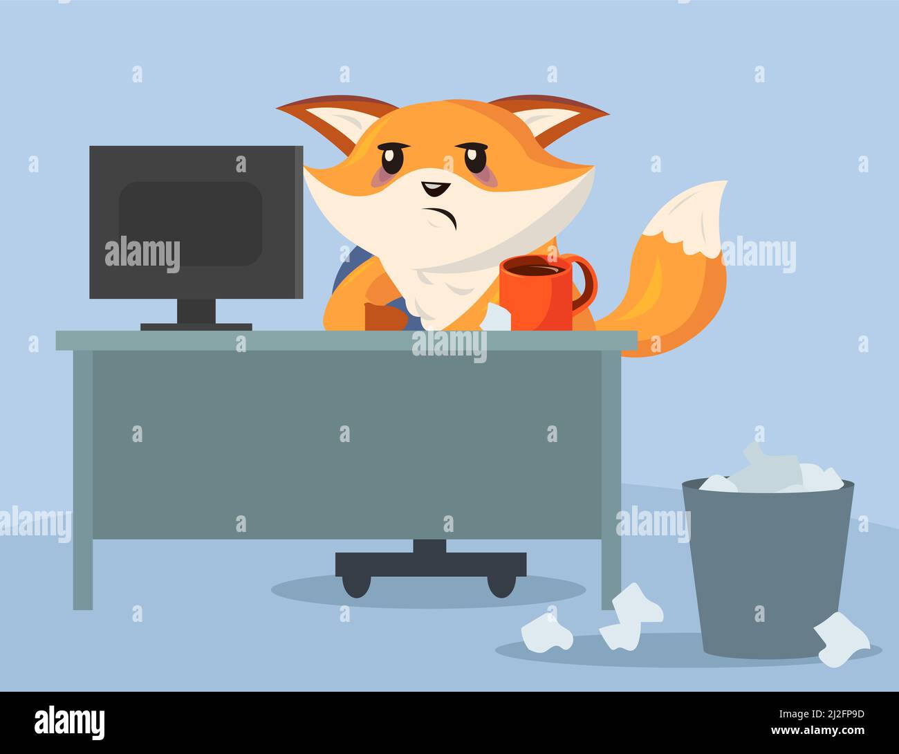 Sad and tired cartoon fox character sitting in office. Flat vector ...