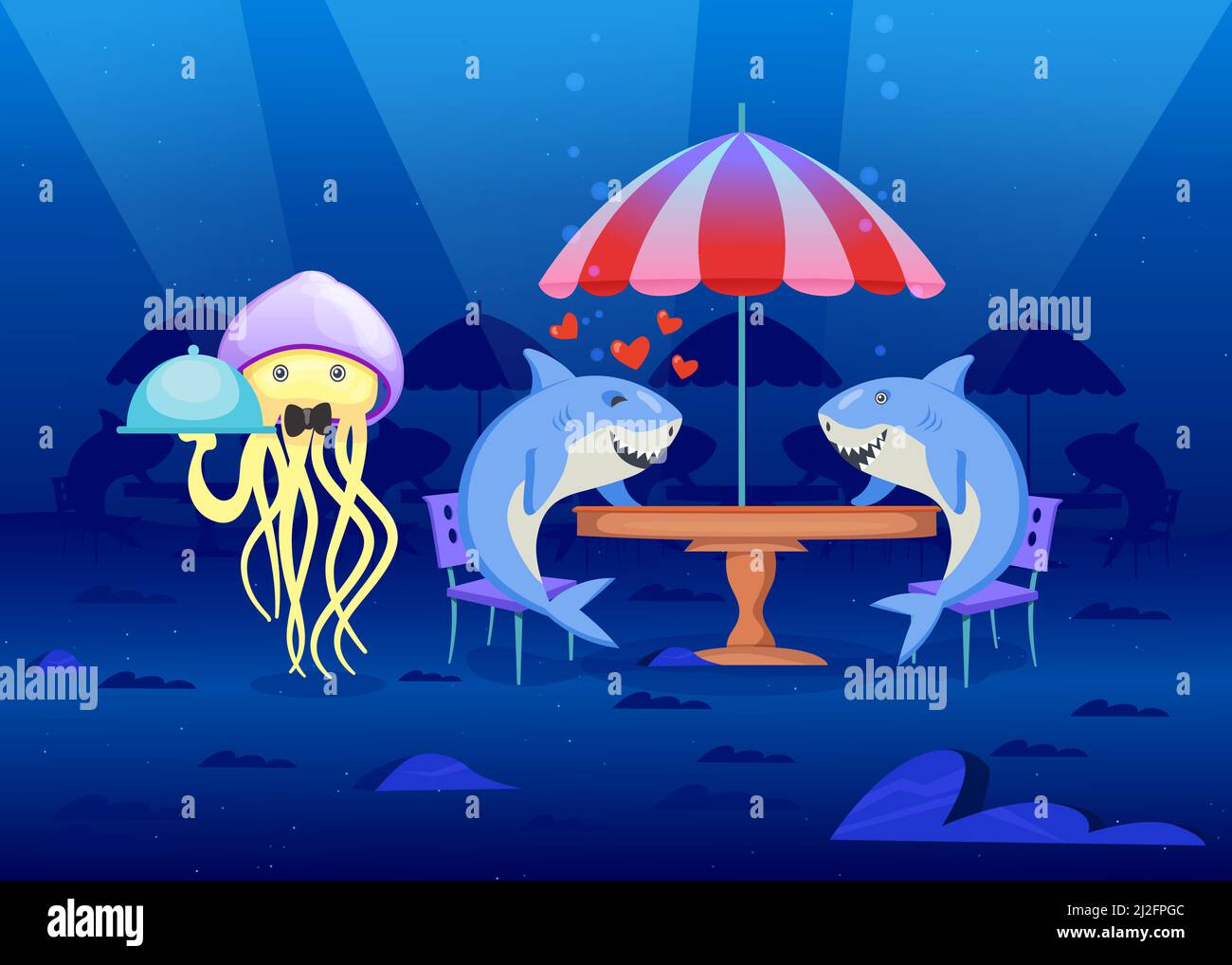 Sea inhabitants in restaurant at bottom of sea. Cartoon vector ...