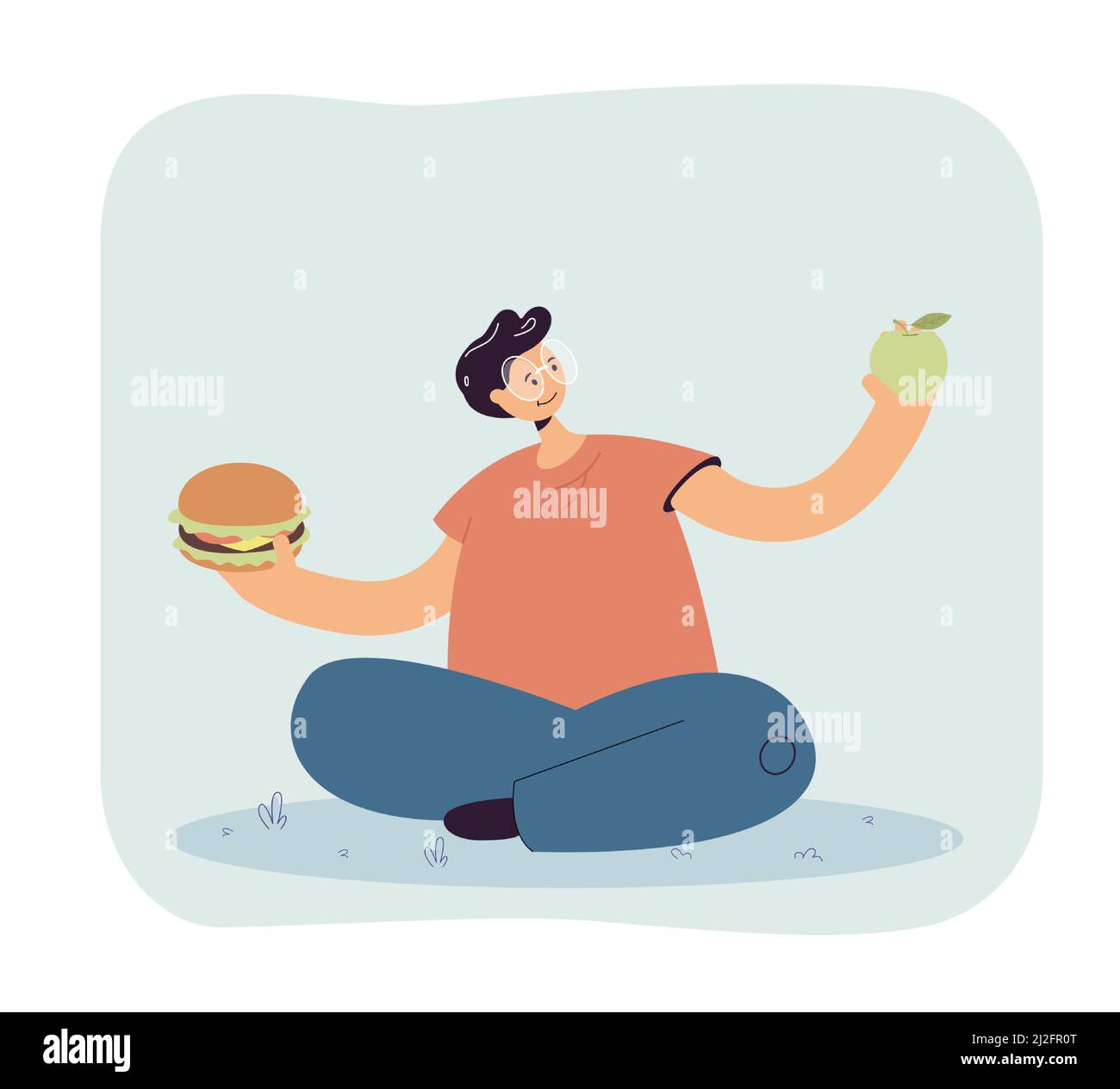 Man in glasses choosing between fruit and junk food. Cartoon character ...