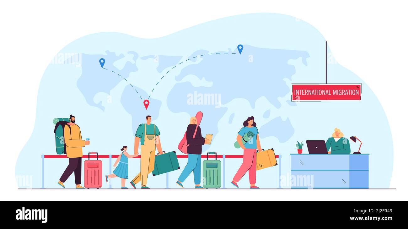 Immigrants queueing for registration. World map with destination pins ...