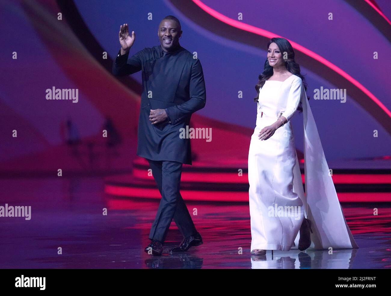 Hosts Idris Elba and Reshmin Chowdhury during the FIFA World Cup Qatar ...