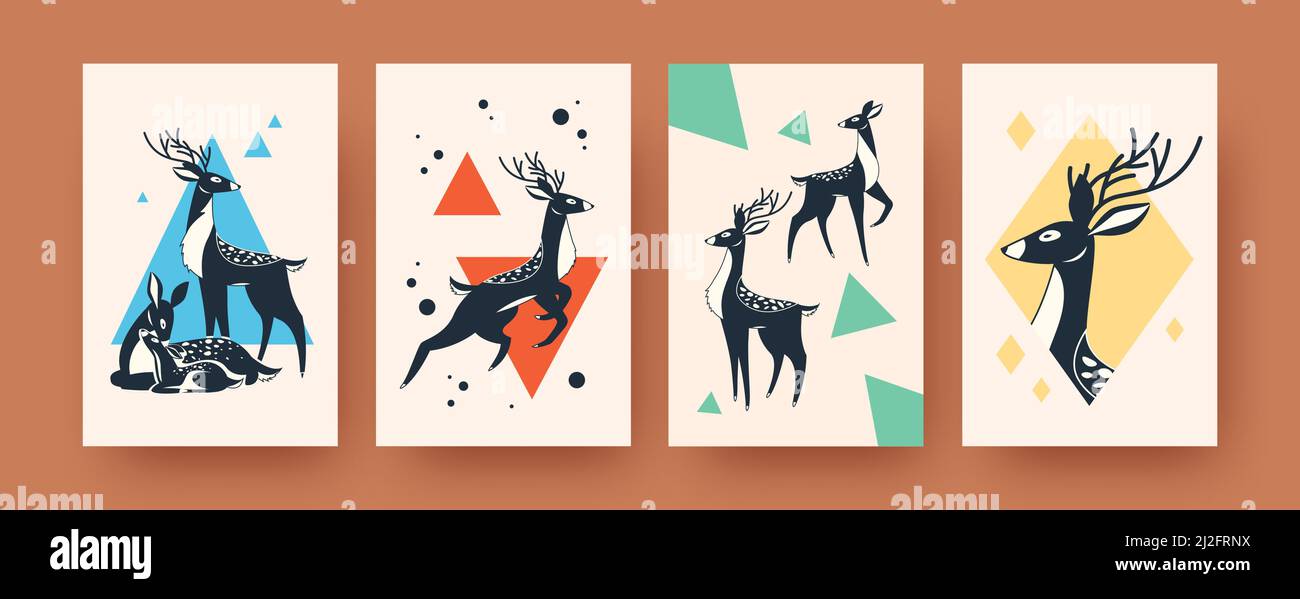 Set of abstract banners with deer in Scandinavian style. Creative deer ...