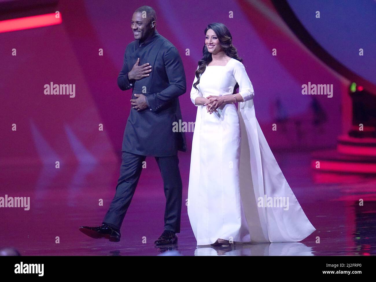 Hosts Idris Elba and Reshmin Chowdhury during the FIFA World Cup Qatar ...