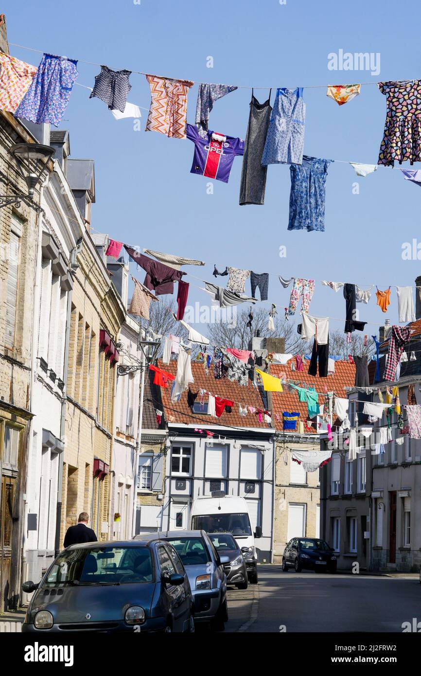 Clothes hanging in the street, a carnival tradition, Bergues, Nord ...