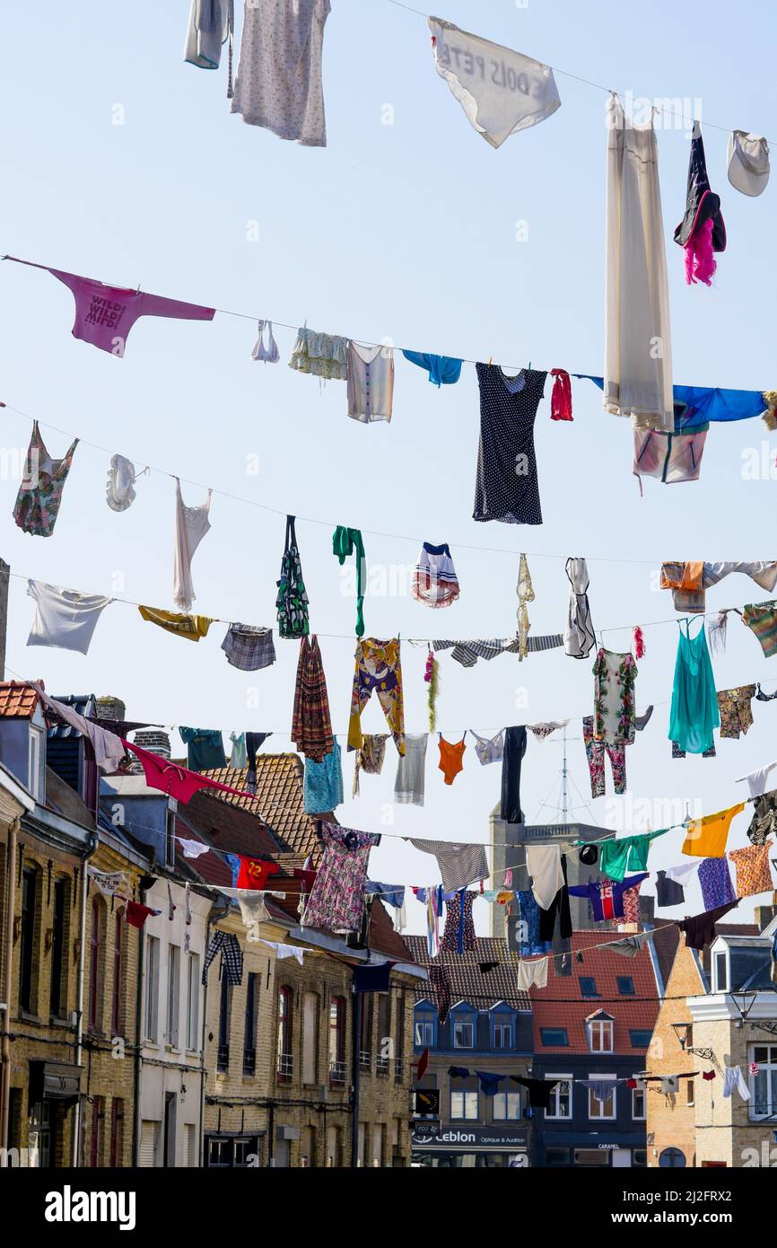 Clothes hanging in the street, a carnival tradition, Bergues, Nord ...