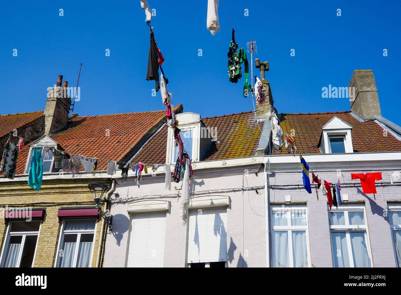 Clothes hanging in the street, a carnival tradition, Bergues, Nord ...
