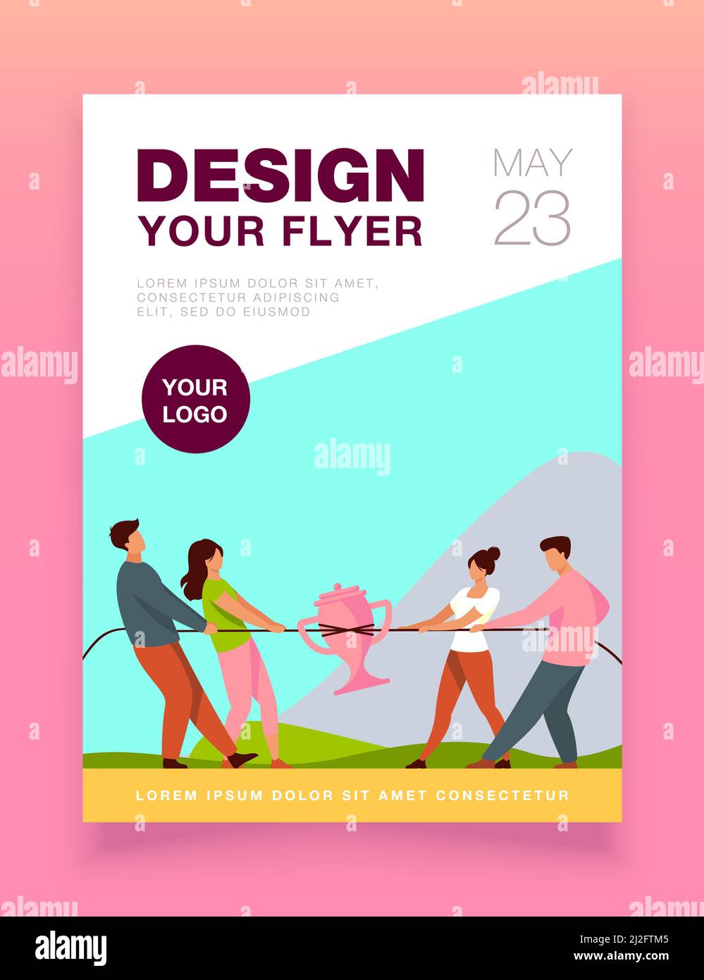 Teams competing for prize. People playing tug-of-war, pulling rope with ...