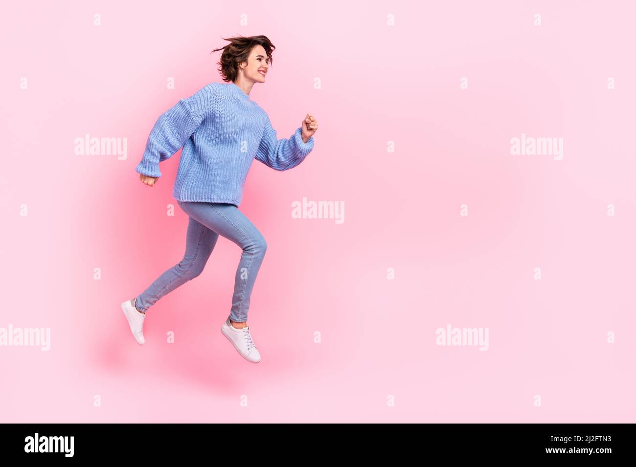 Full length profile photo of energetic pretty girl rush empty space ...