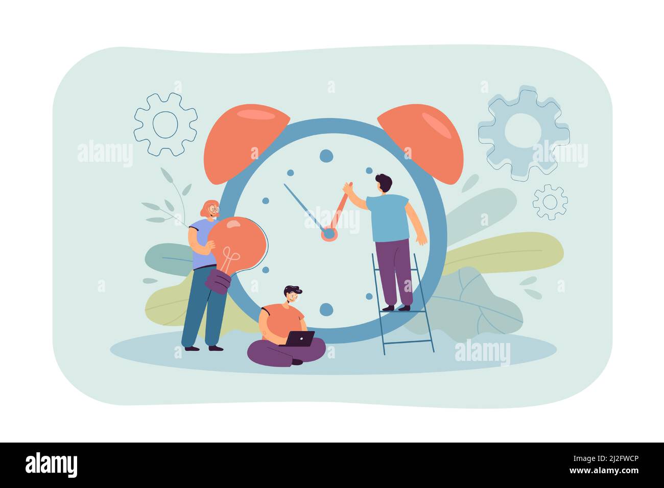 Tiny people working with alarm clock isolated flat vector illustration ...
