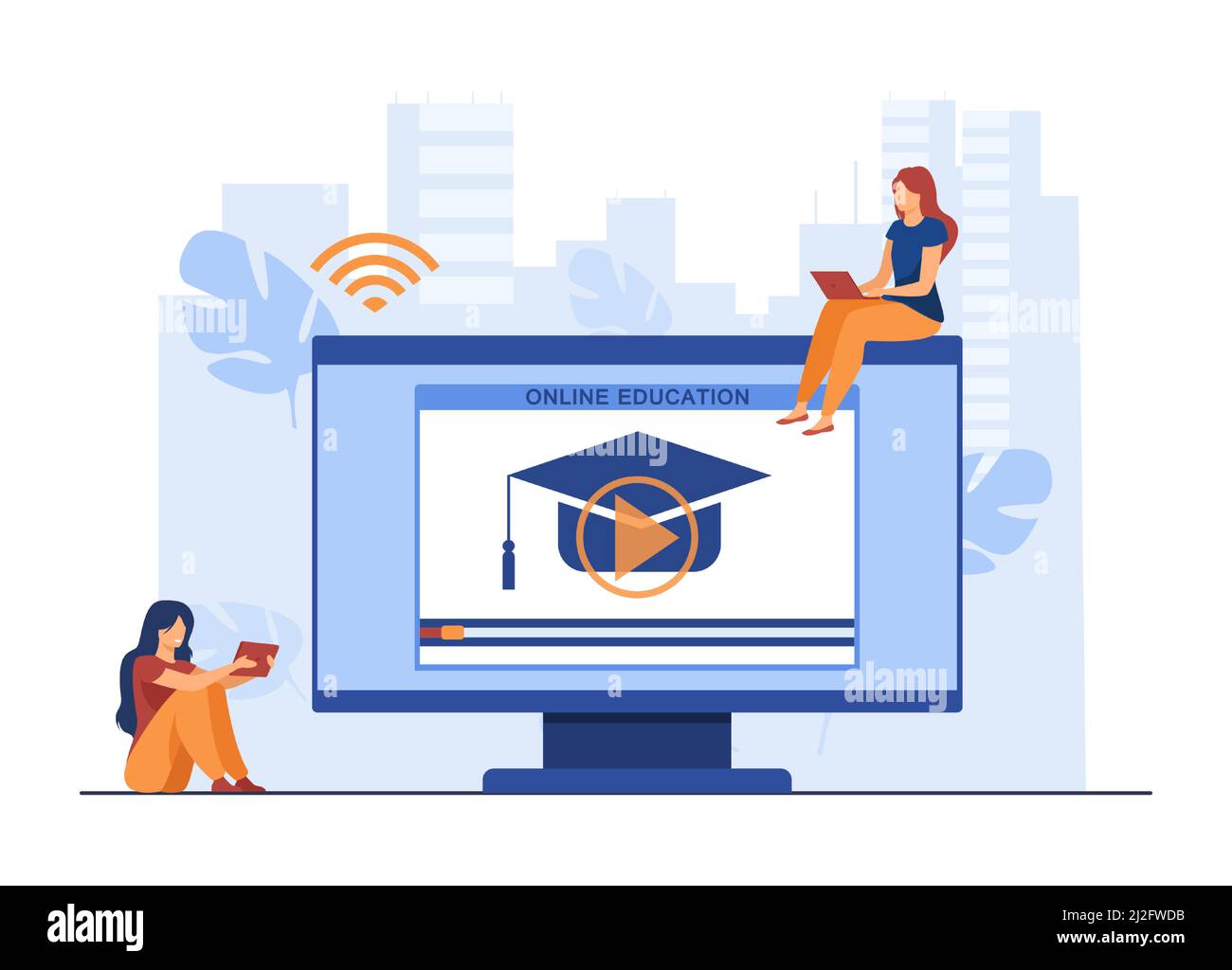 Tiny women learning online on computer. Screen, laptop, hat flat vector ...