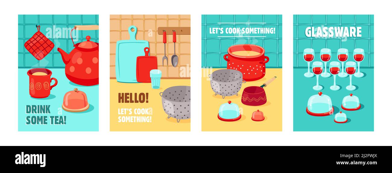 Trendy poster designs with various kitchen tools. Vivid brochures with ...