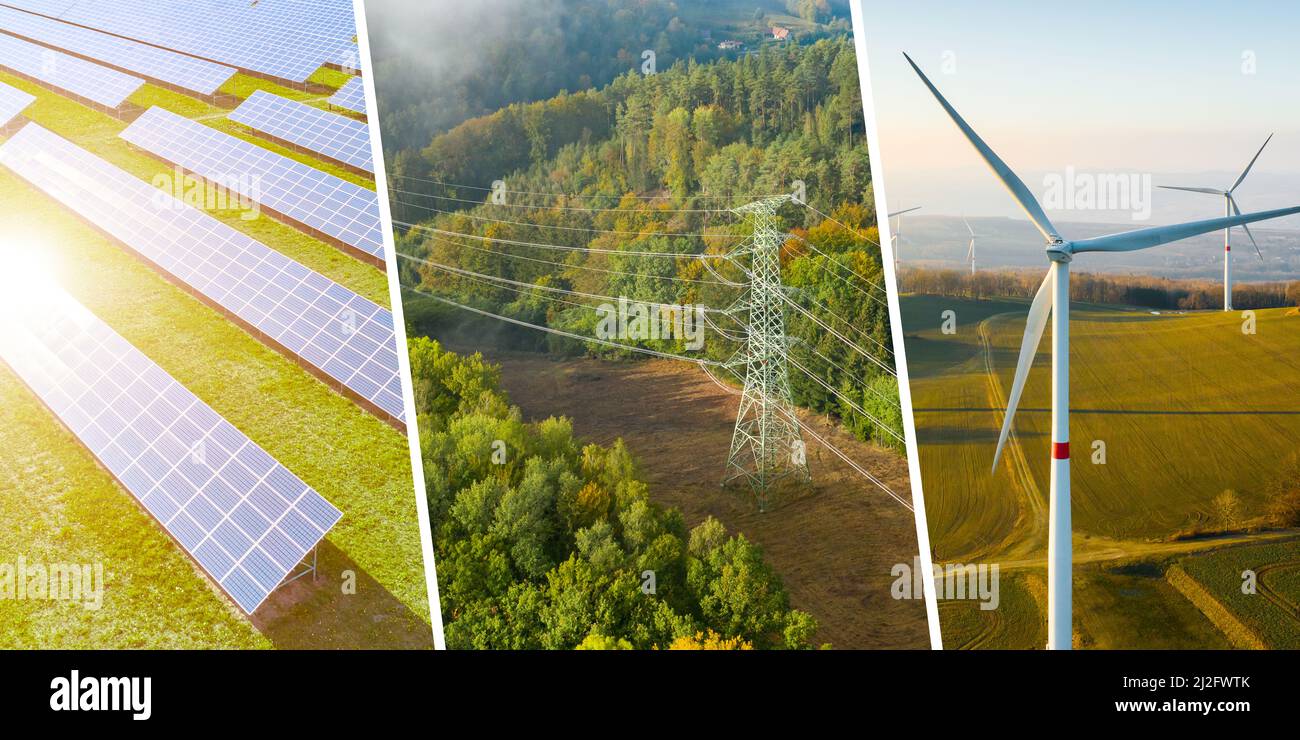 Renewable green energy collage with solar panel, windmill and pylon ...