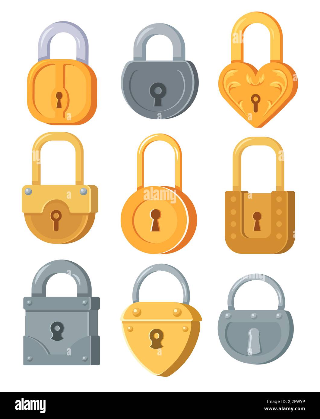 Metal padlocks of different forms flat illustration set. Cartoon lock ...