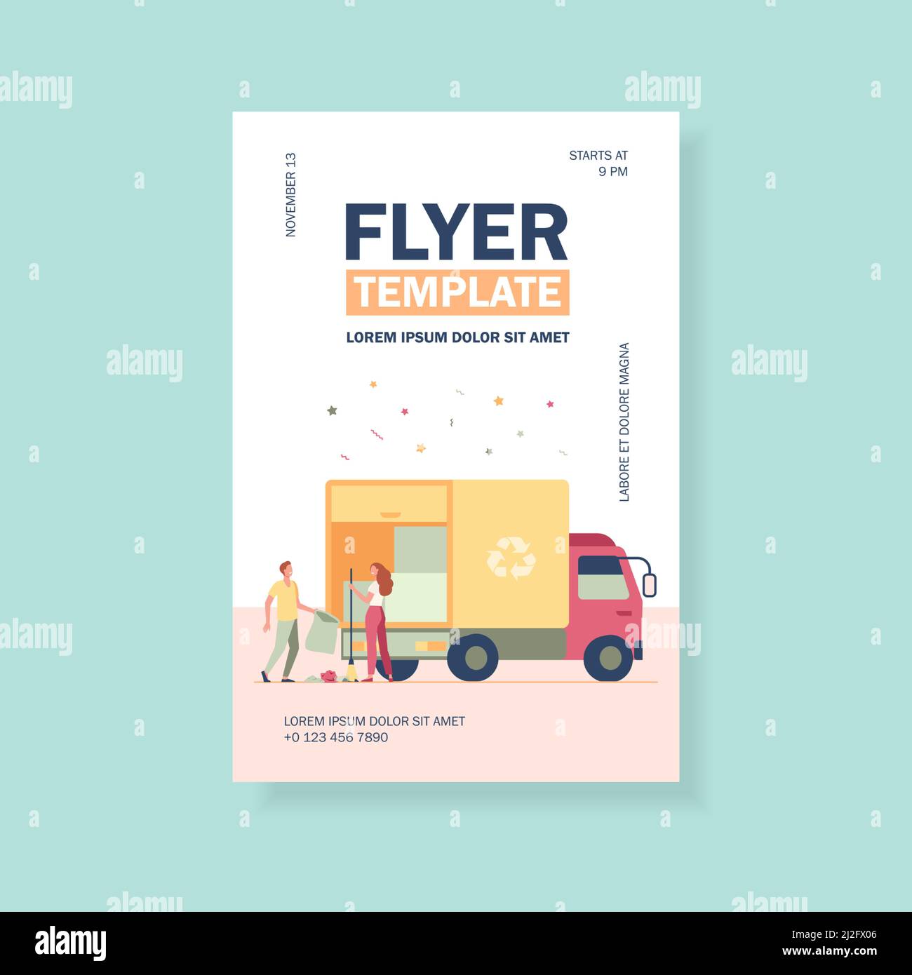 People loading garbage into truck. Trash pickup with recycling sign ...