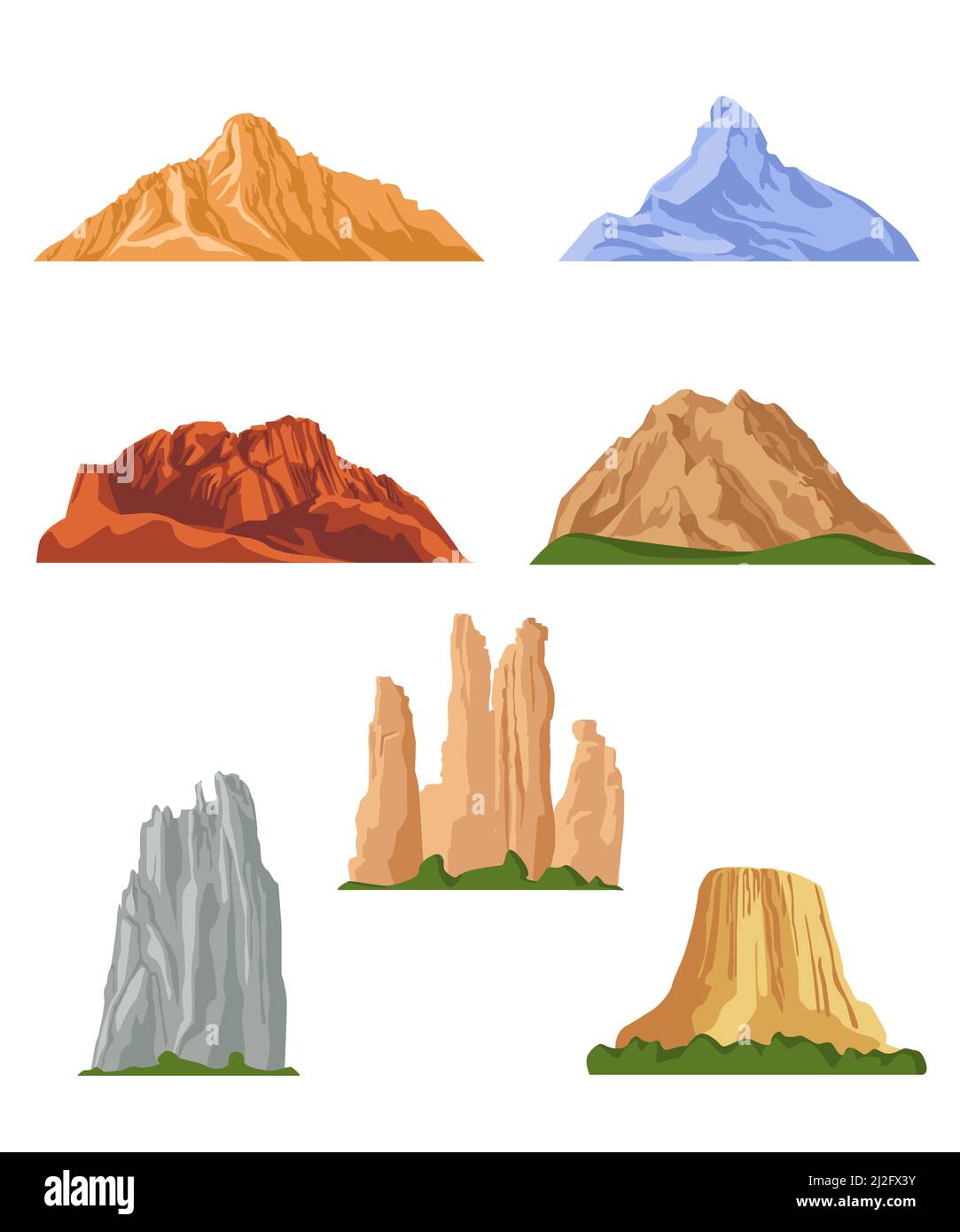 Various mountains flat pictures collection. Cartoon rocky hills, rocks ...