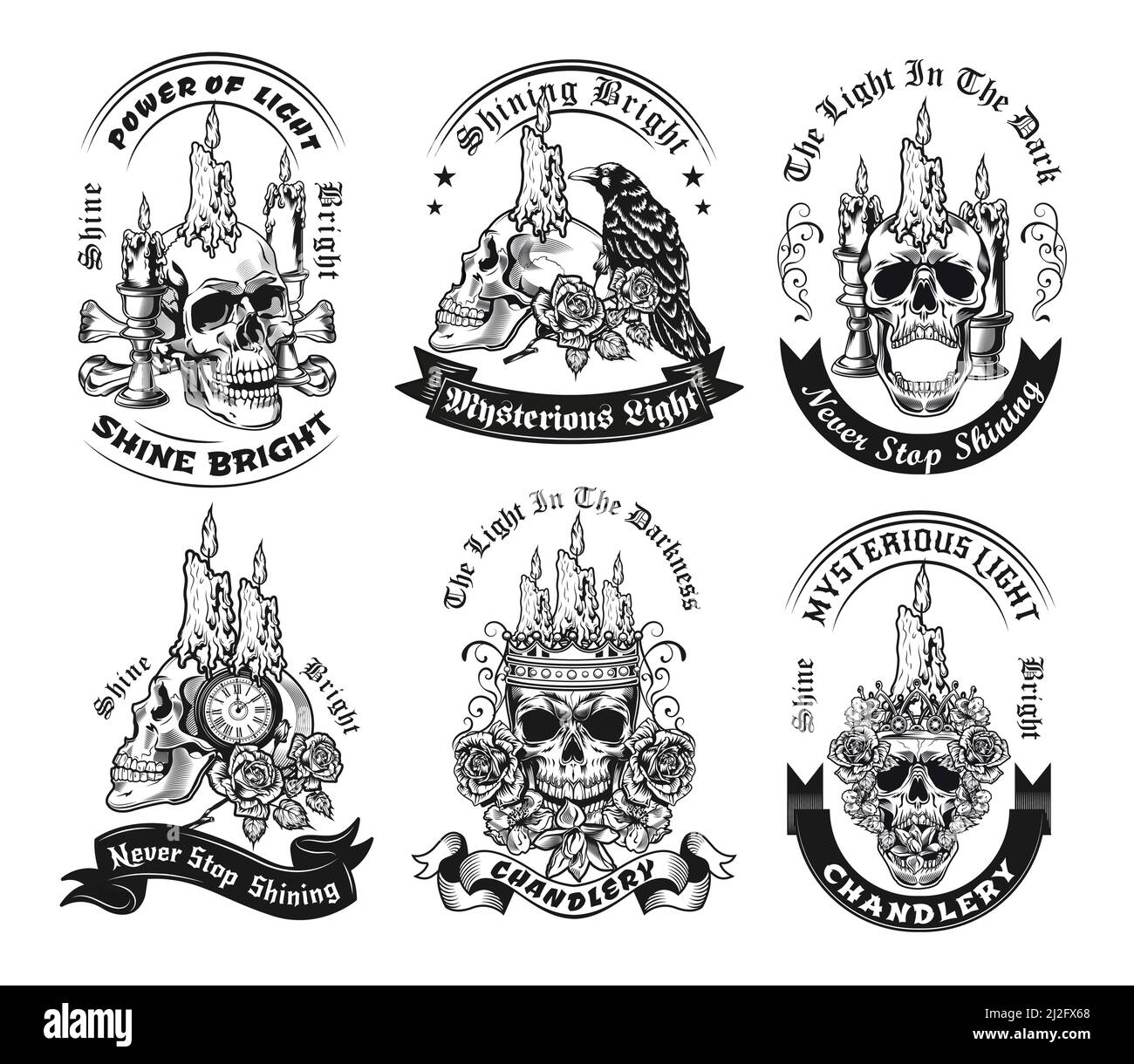 Vintage Badges With Candle On Skull Vector Illustration Set Monochrome