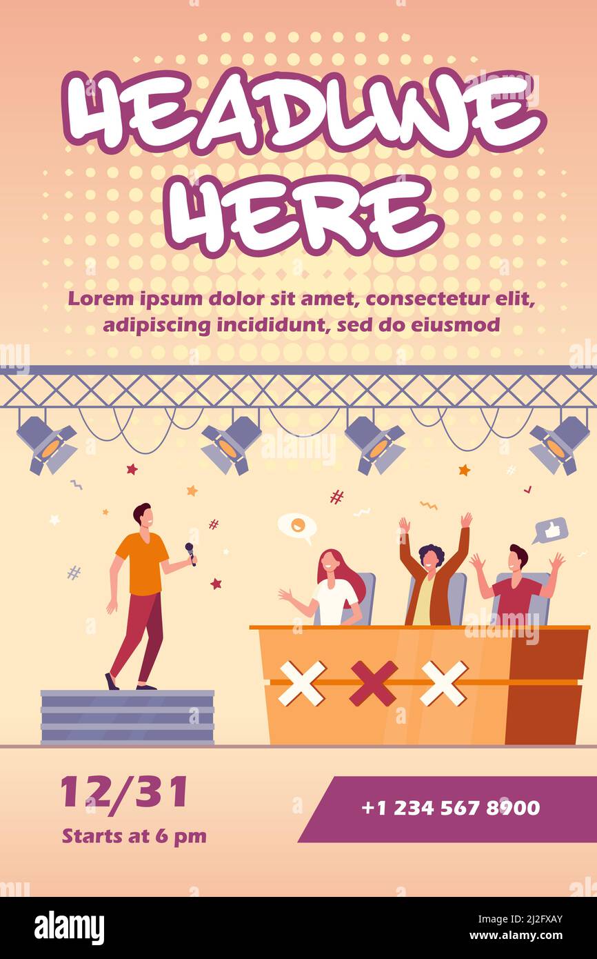 Vocal competition event. Performer singing on stage before jury ...