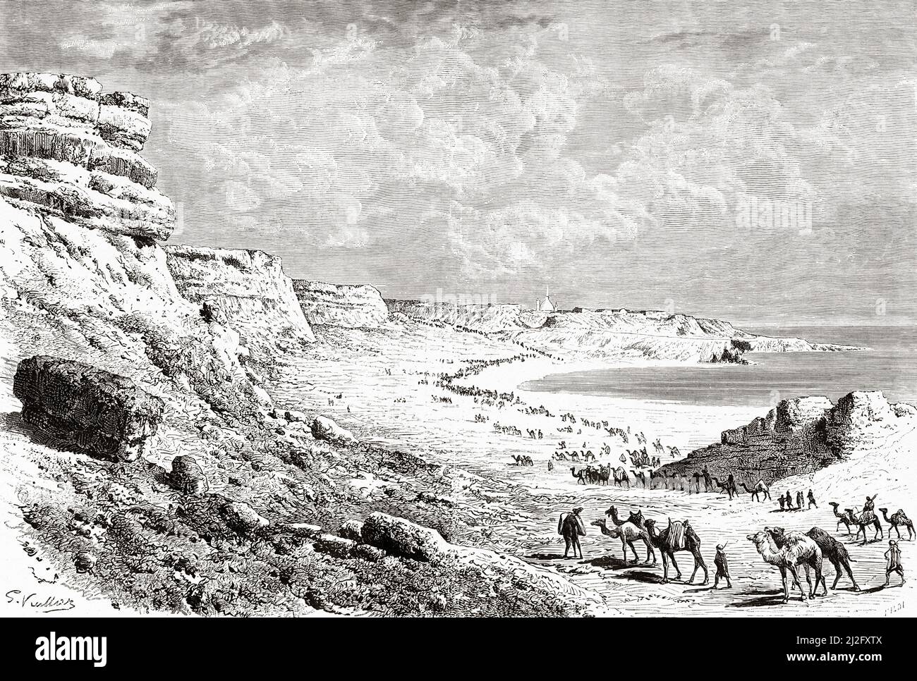 Camel caravan, shore of Najaf Sea or Salam Lake and city of Meshed Ali ...