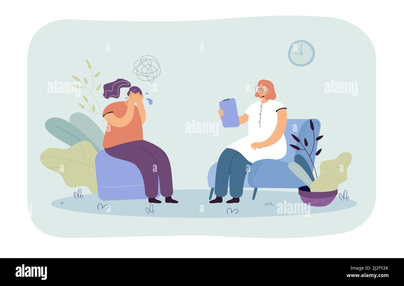 Woman crying at therapy session. Psychologist listening to depressed ...