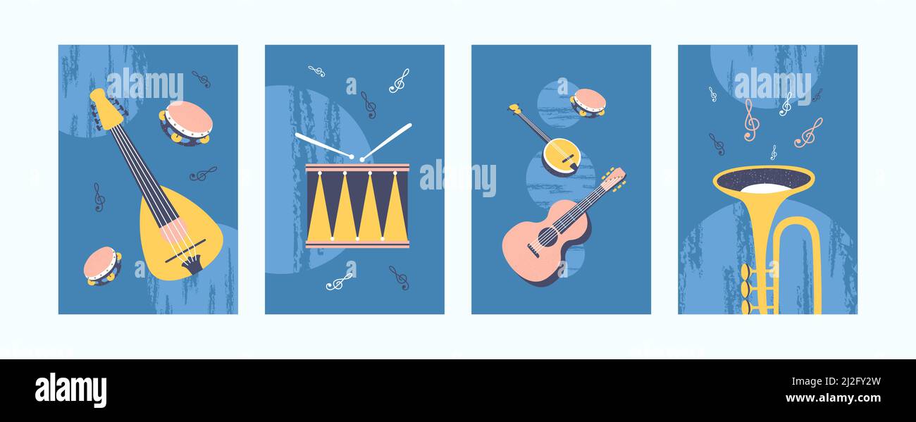 Musical instruments illustrations set in pastel colors. Collection of ...