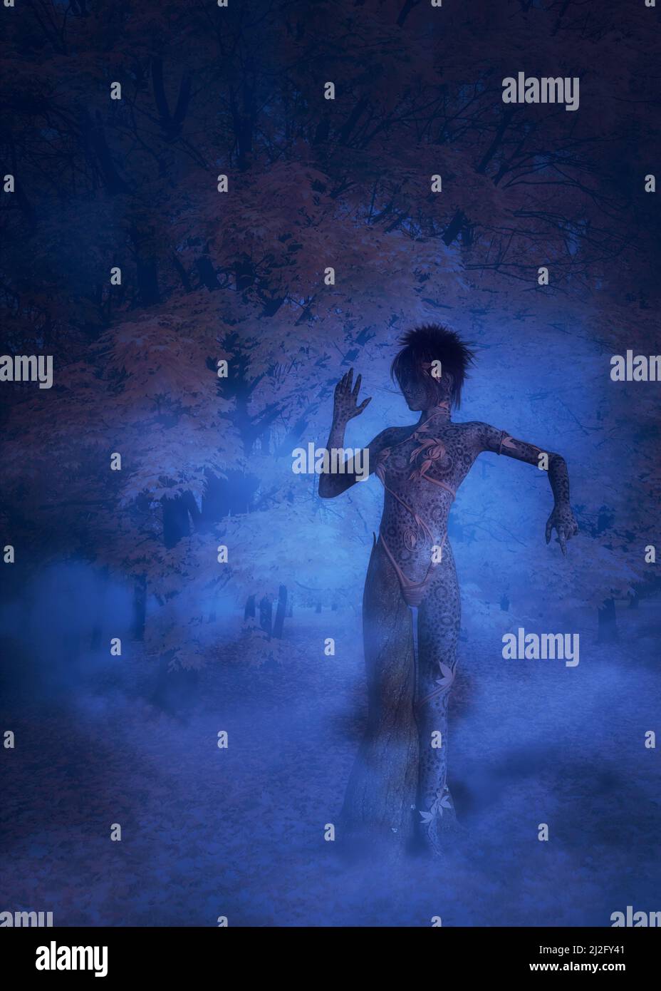 Fantasy dryad woman with tree trunk leg in night autumn forest, 3d ...