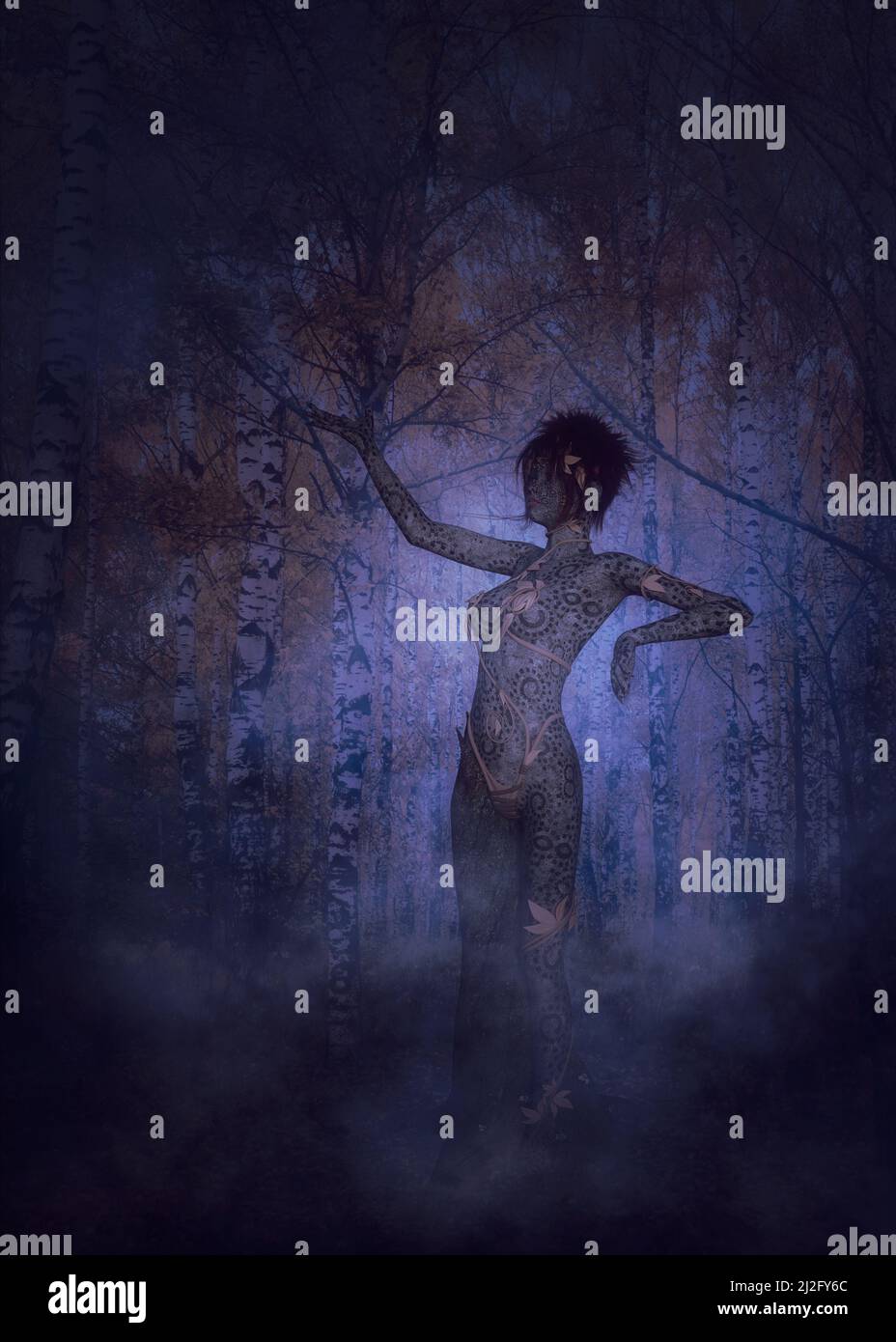 Fantasy dryad woman with tree trunk leg in night autumn forest, 3d ...