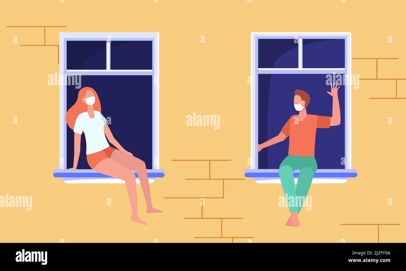 Neighbors in masks sitting separately on windowsills and chatting ...