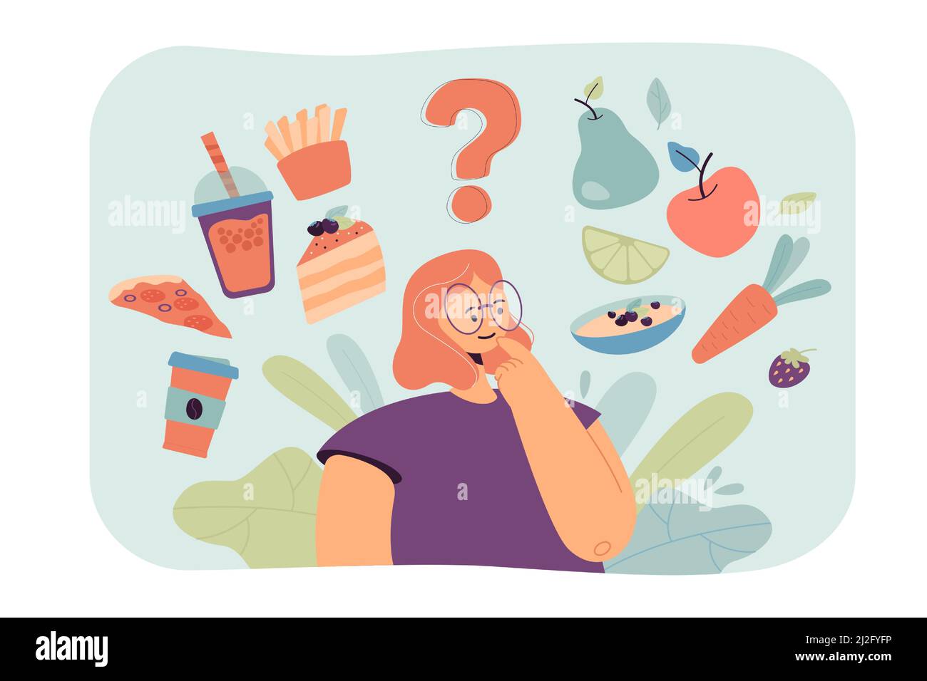 Woman thinking over healthy and unhealthy snacks choice. Organic food ...