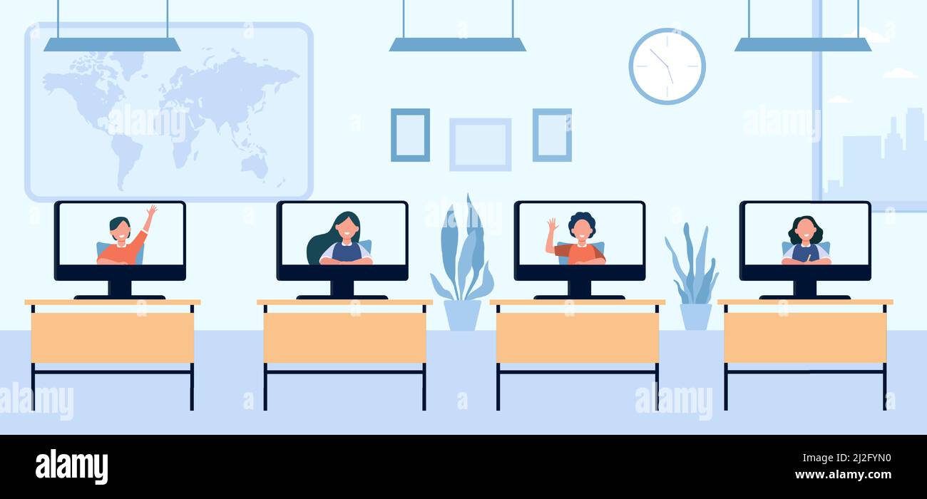 School children attending distance class. Monitors on desks in ...