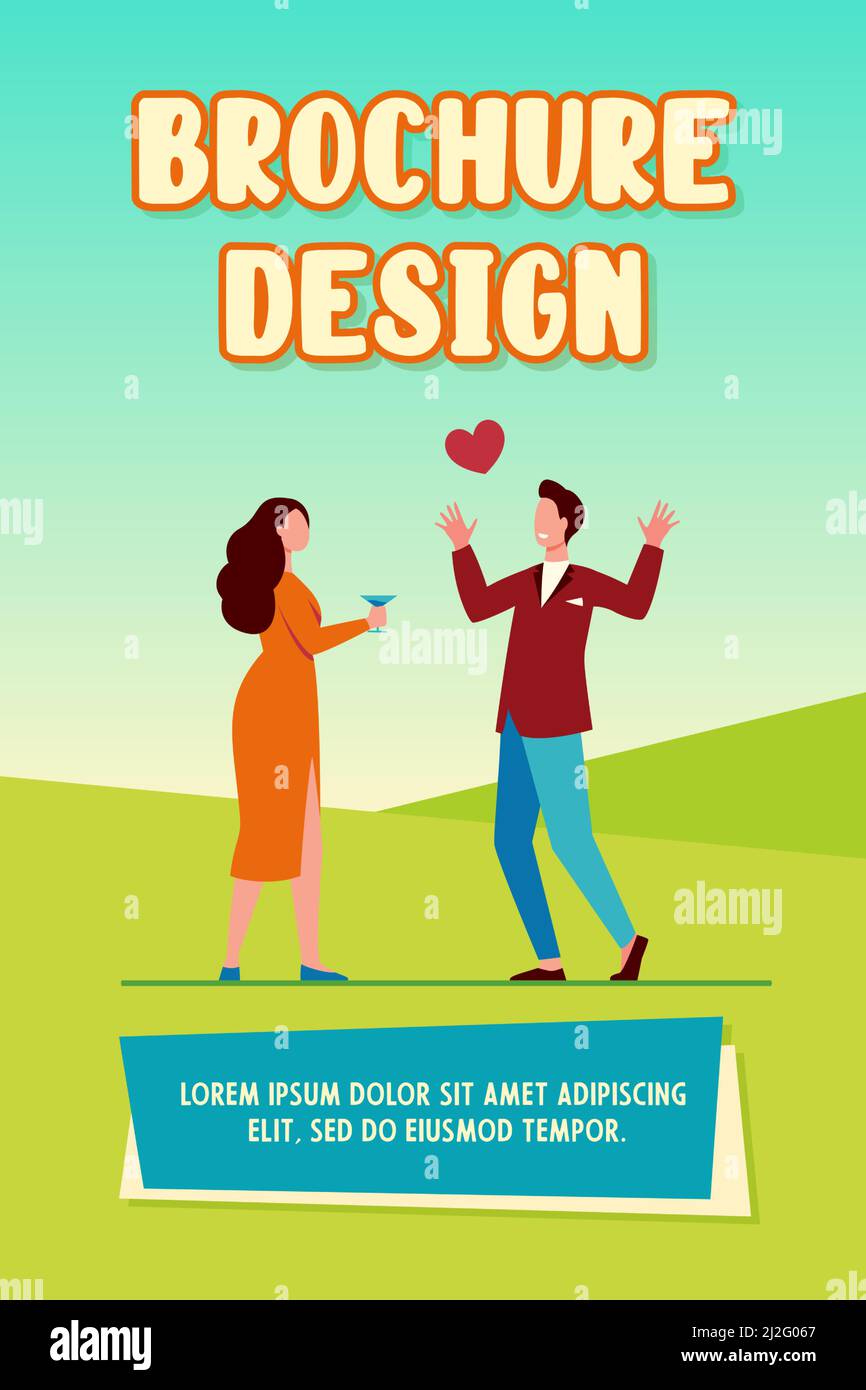 Young couple in love dating. Meeting, red heart, drinking alcohol. Flat ...