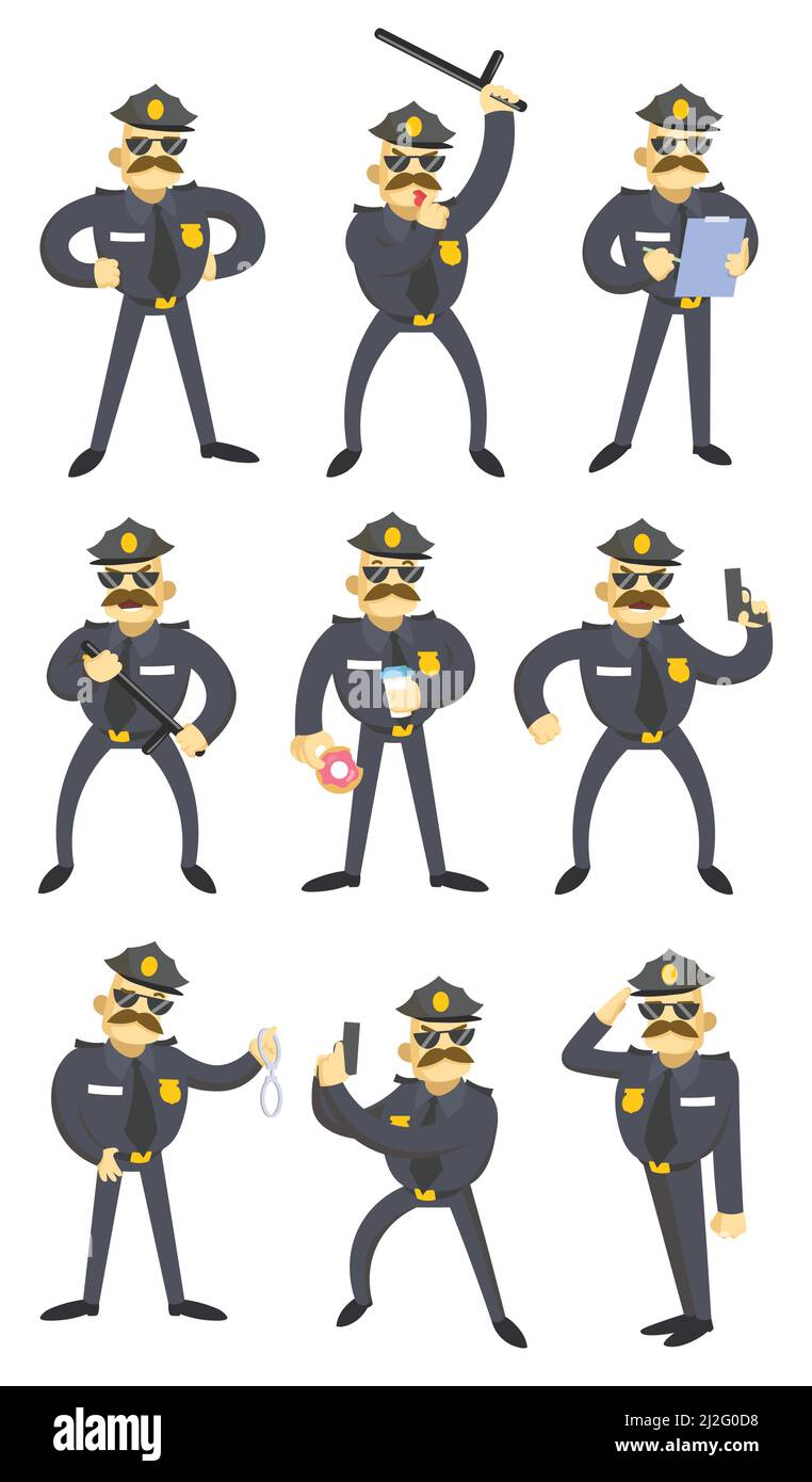 Set of funny american policemen. Cartoon vector illustration. Police ...