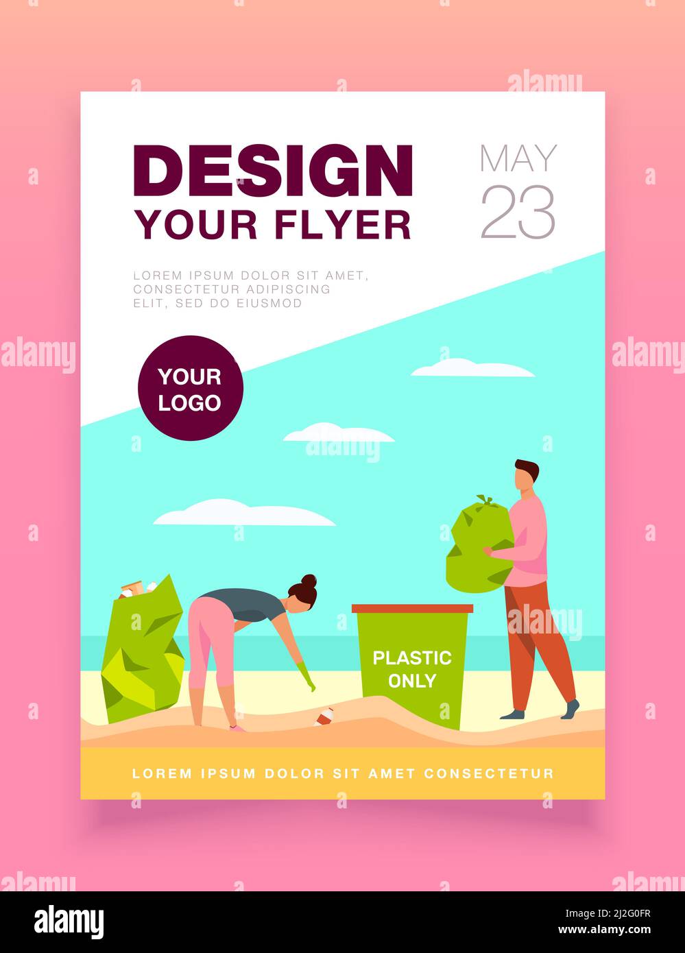 Young people cleaning beach from garbage. Activist, eco, plastic flat ...