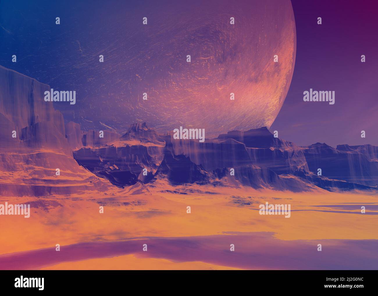 Alien red planet canyon landscape and big planet, 3D Illustration ...