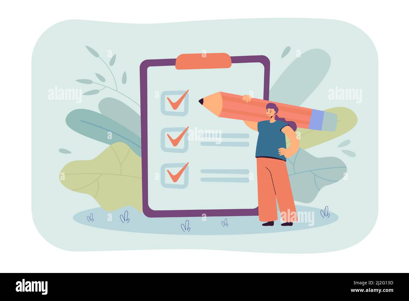 Tiny businesswoman checking completed tasks on clipboard flat vector ...